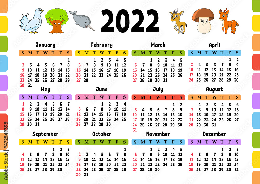 Calendar for 2022 with a cute character. Fun and bright design ...