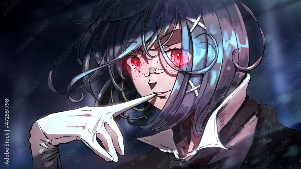 Naklejka Charming and frightening girl drawn in anime style, smiling ...