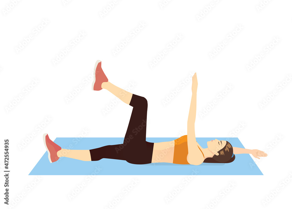 Women doing Dead bug workout on the blue mat. Exercise poses for the ...