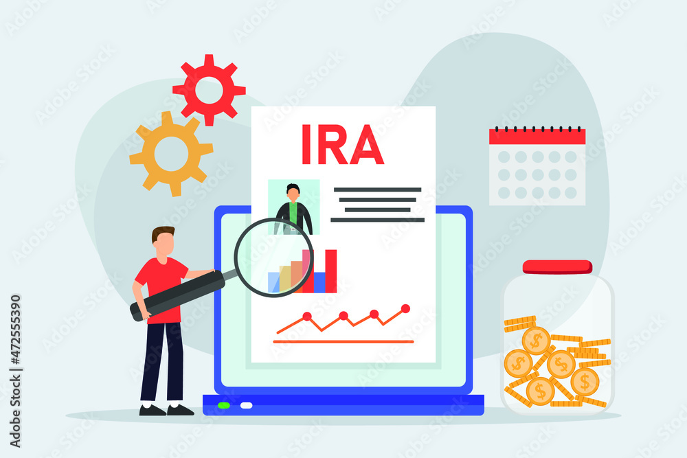 Retirement investment vector concept. Young man using a magnifying ...