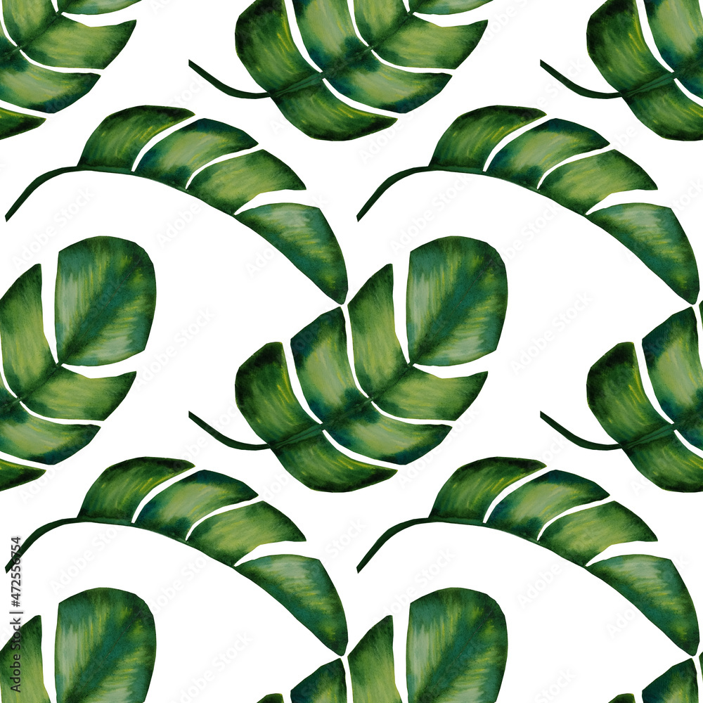 Watercolor tropical green leaves art seamless pattern. Jungle ...