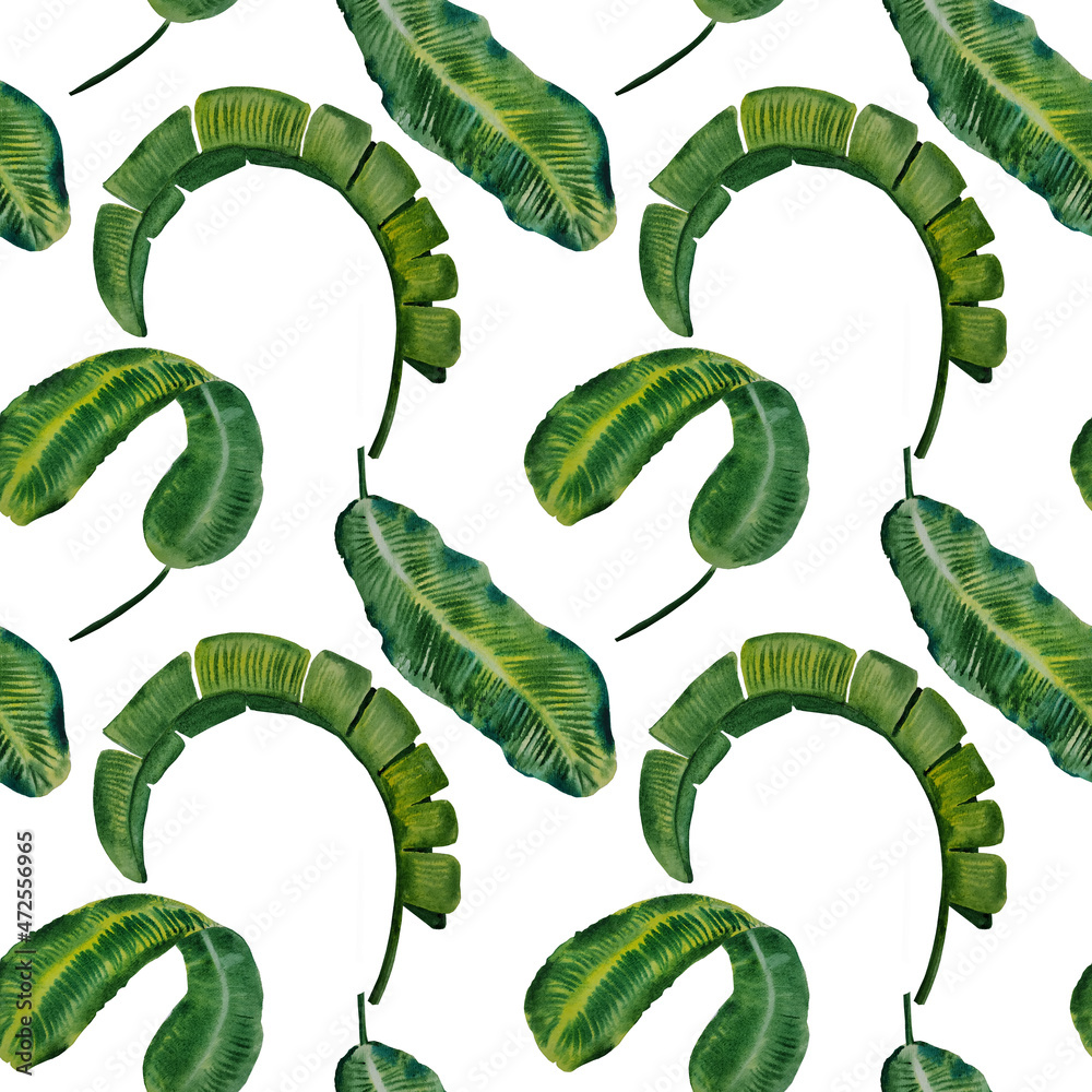 Watercolor tropical green leaves art seamless pattern. Jungle ...