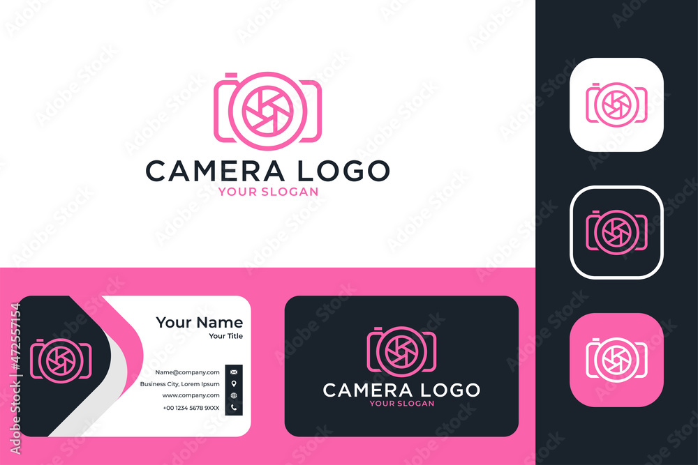 camera with lens line art logo design and business card Stock Vector ...