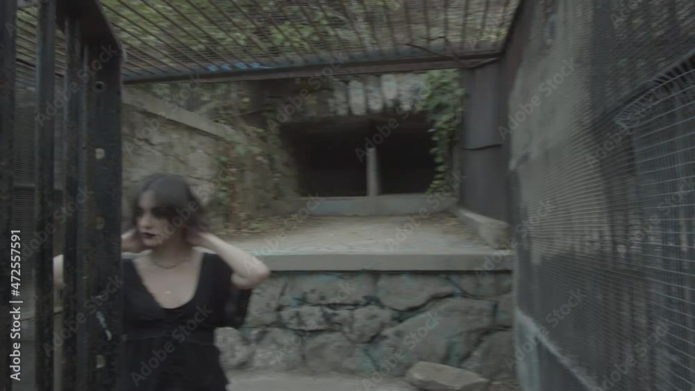 A slow slide zoom of an attractive young goth woman, dressed in a ...