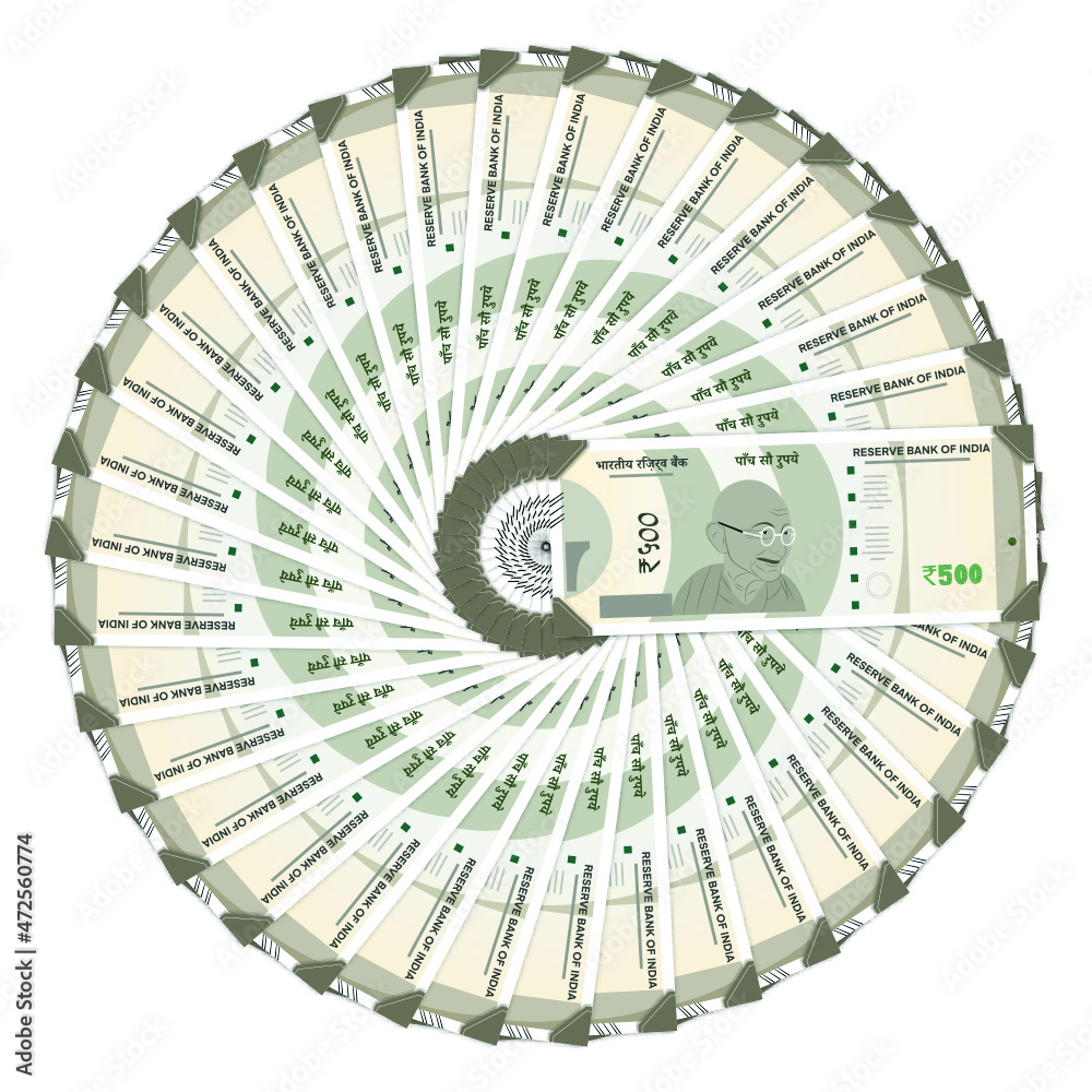 India new 500 rupee currency notes in white background in circle shape ...