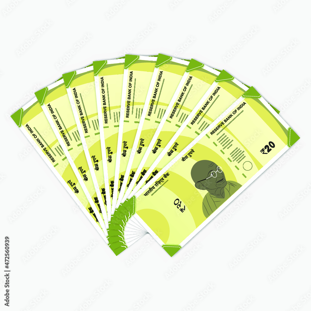 India new 20 rupee currency notes with white background Stock Vector ...