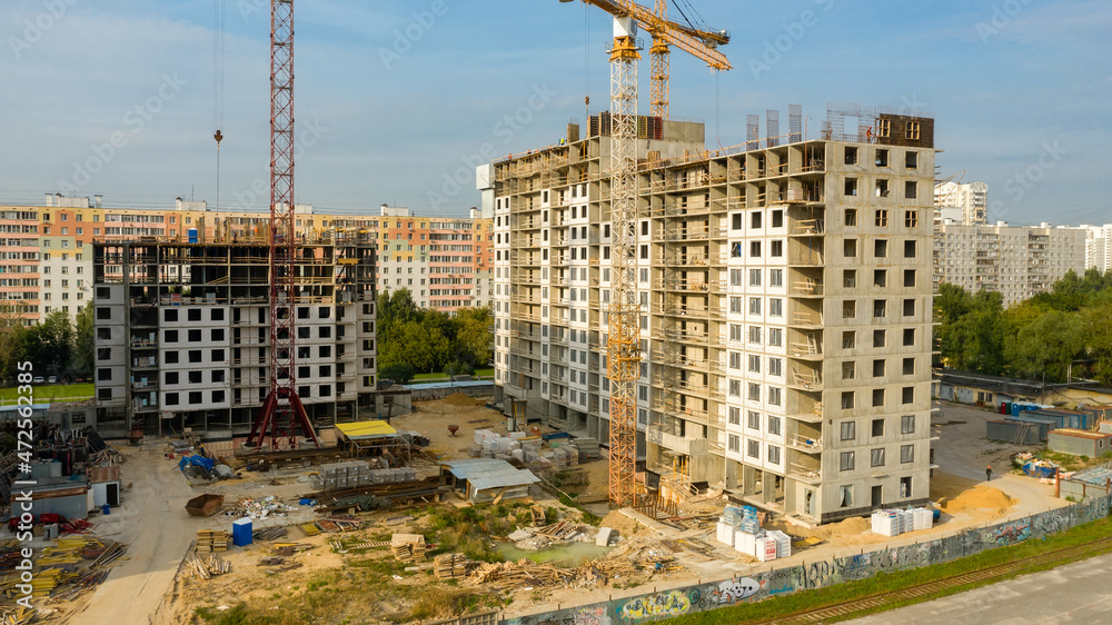 New high-rise apartment buildings under construction. Aerial photo at ...
