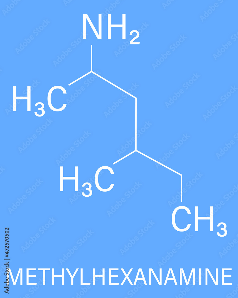 Methylhexanamine (dimethylamylamine, DMAA) stimulant molecule. Skeletal ...