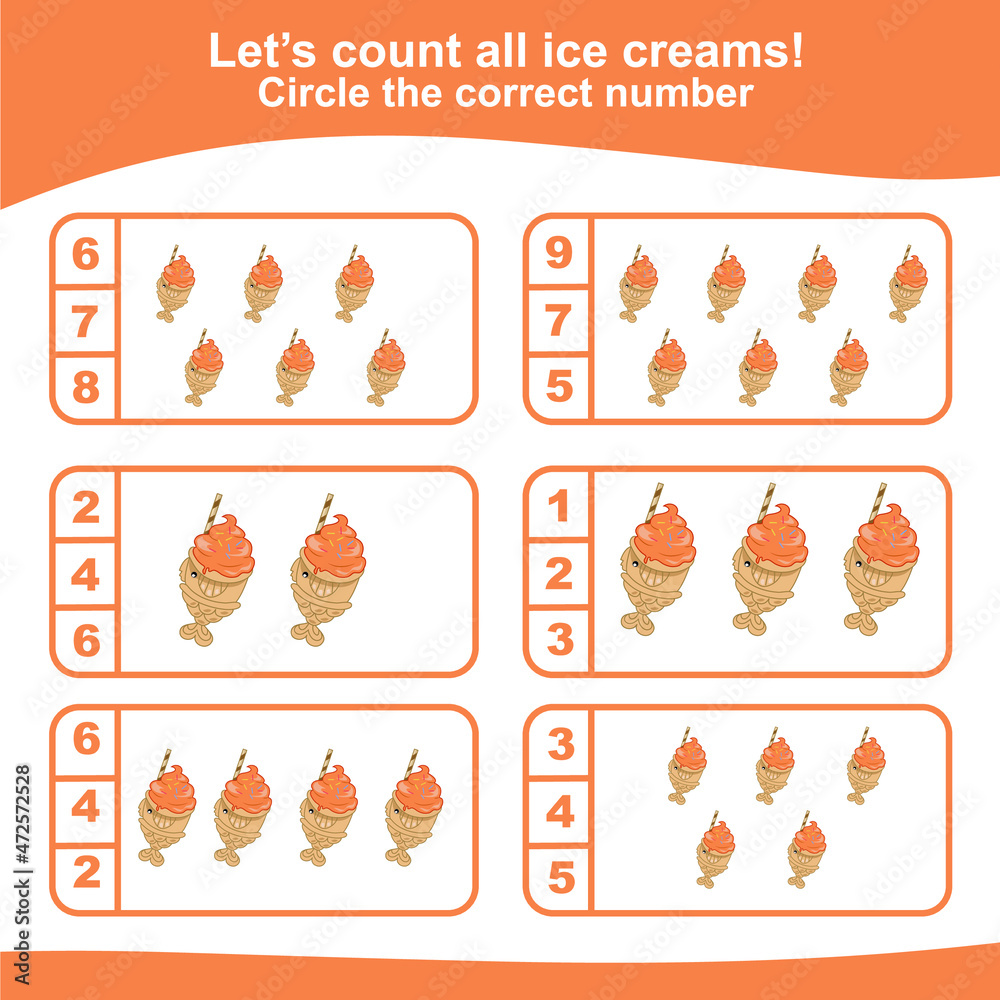 Counting all ice creams game for kids. Educational printable math ...