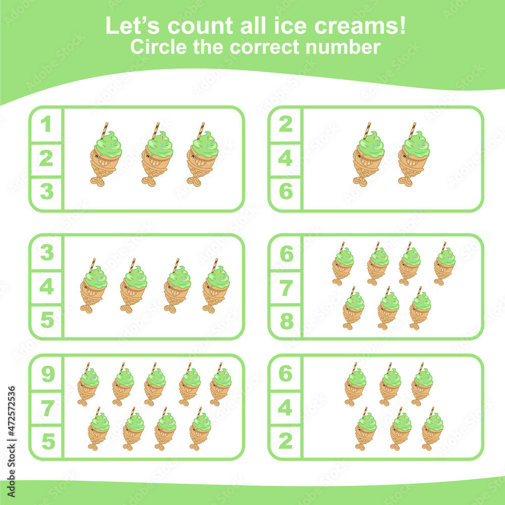 Counting all ice creams game for kids. Educational printable math ...