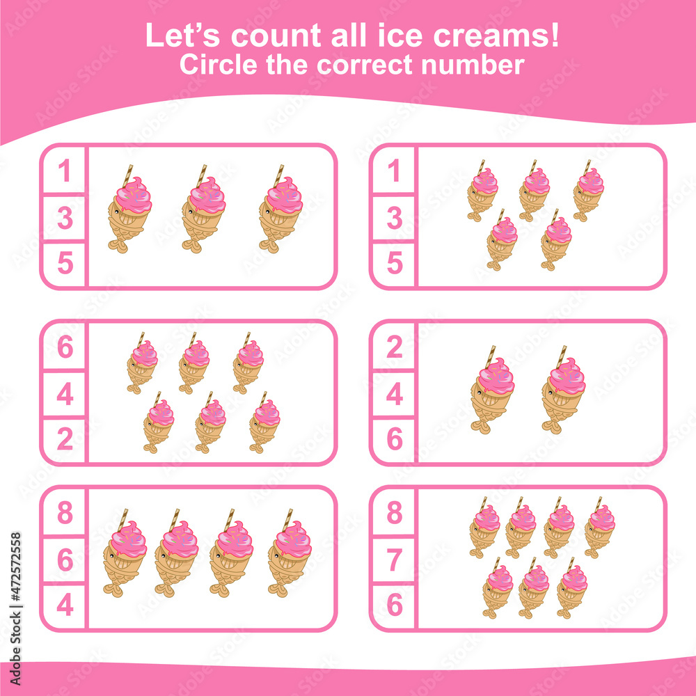 Counting all ice creams game for kids. Educational printable math ...