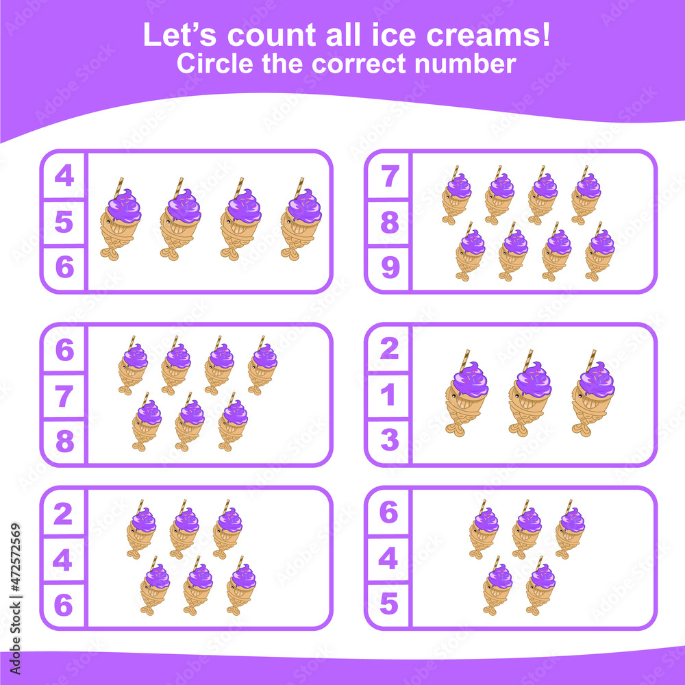 Counting all ice creams game for kids. Educational printable math ...