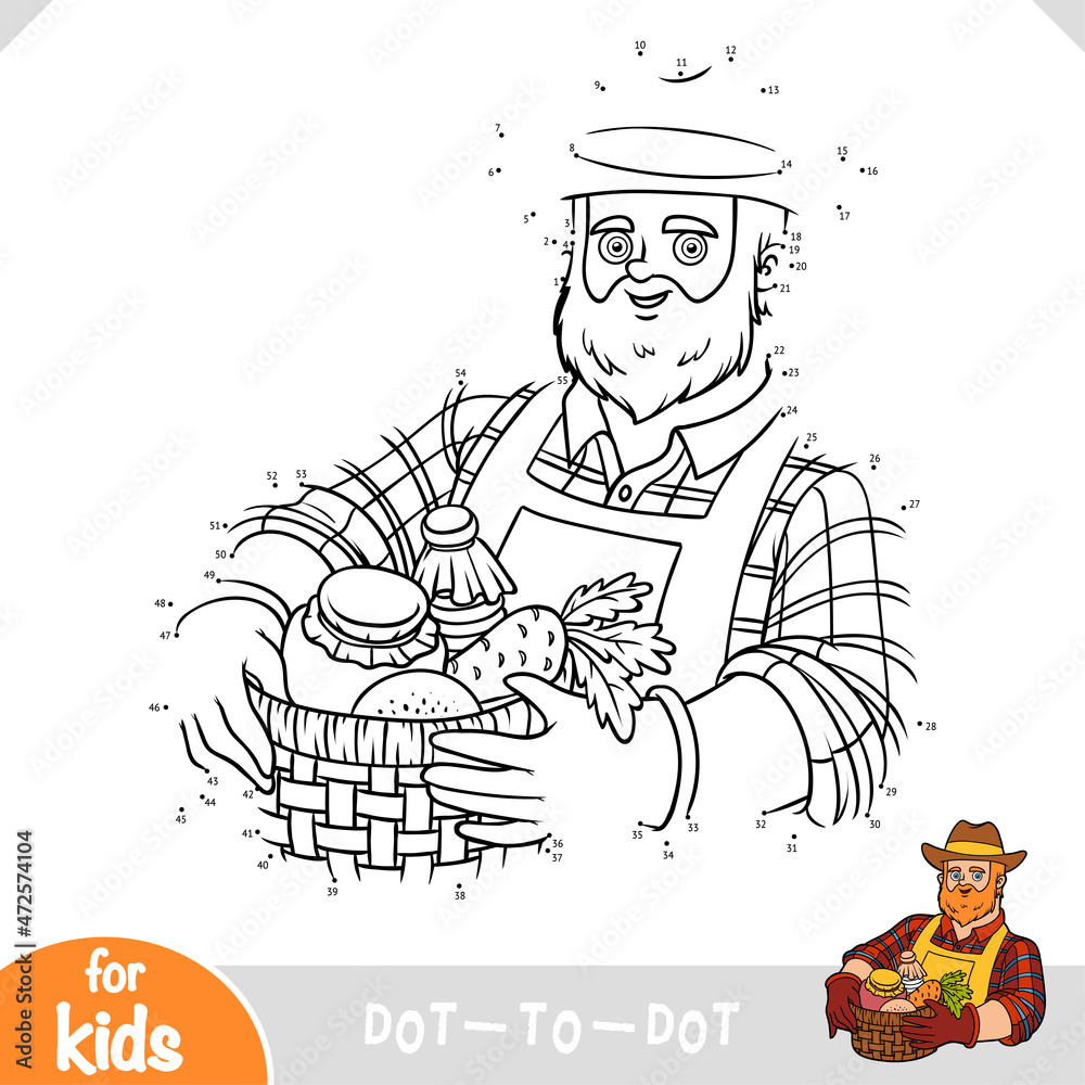 Numbers game, education dot to dot game, Farmer with a basket of fruits ...