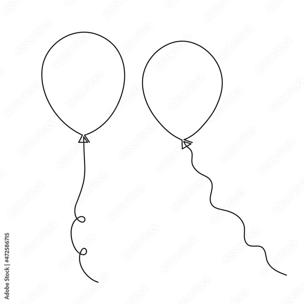 Vetor de Balloons one line art, hand drawn continuous contour. Festive ...