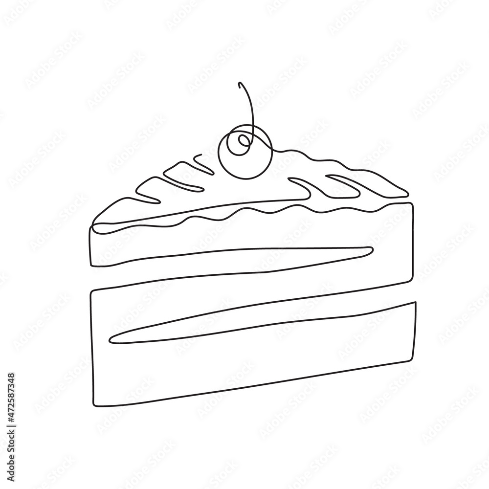 Piece of cake with cherry,one line art,hand drawn continuous contour ...