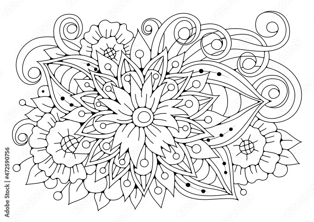 Vector illustration with abstract flowers for coloring. Art therapy for ...