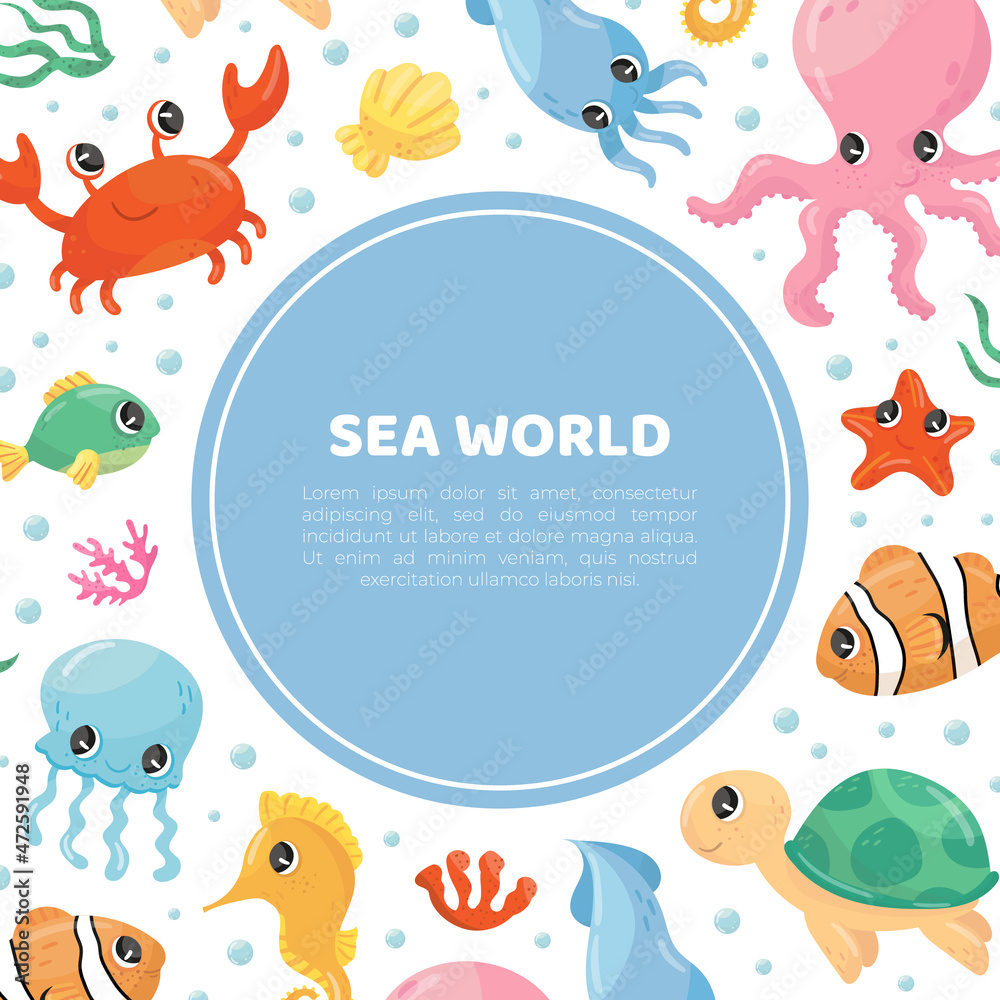 Cute marine animals banner template. Undersea world poster, card ...