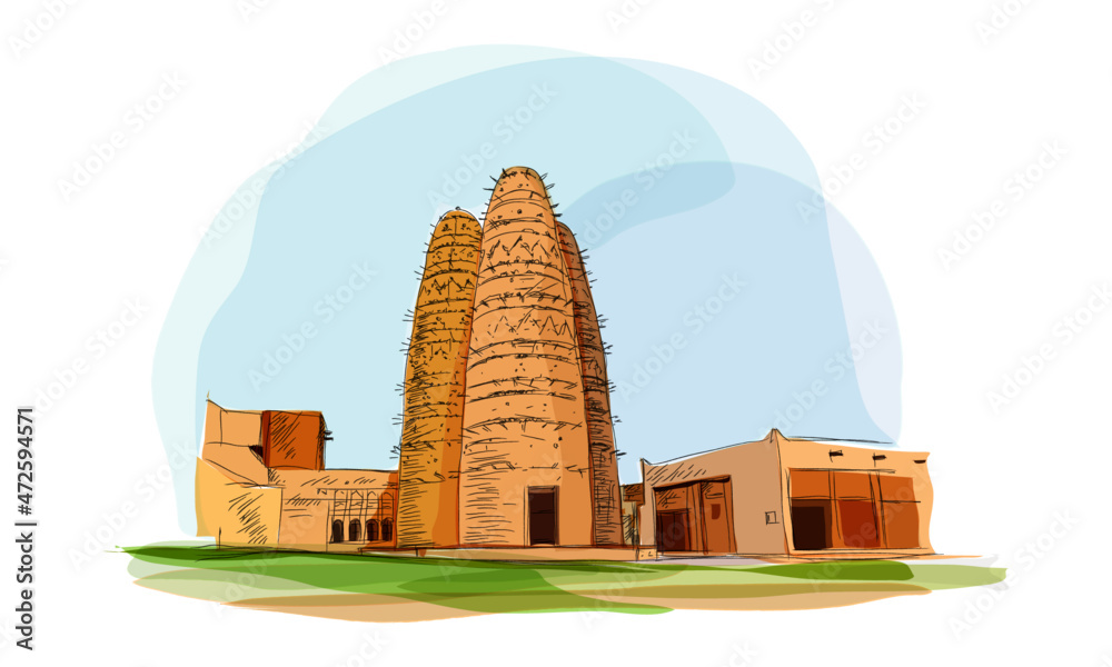 The famous "Pigeon Towers" in front of "Katara Mosque" in Doha. Stock ...