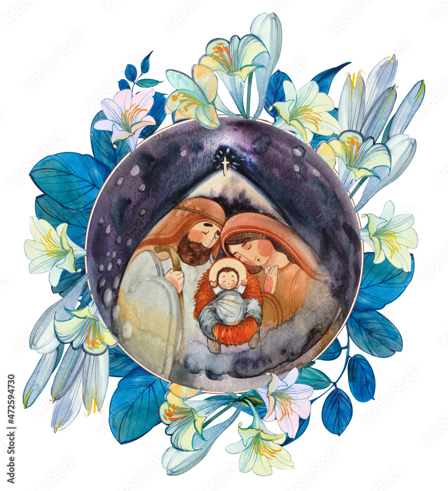 Christmas watercolor illustration of the Nativity scene: the newborn ...