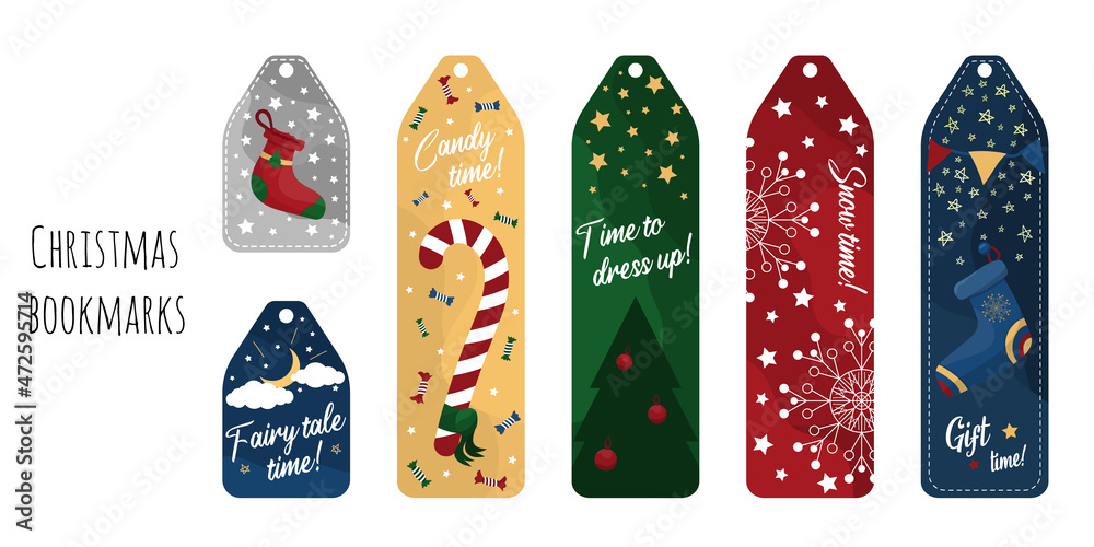 Set of 6 templates of bright and colorful bookmarks about Christmas ...