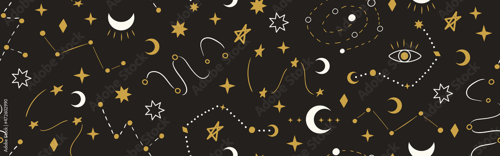 Seamless space banner with celestial symbols of stars, moon ...