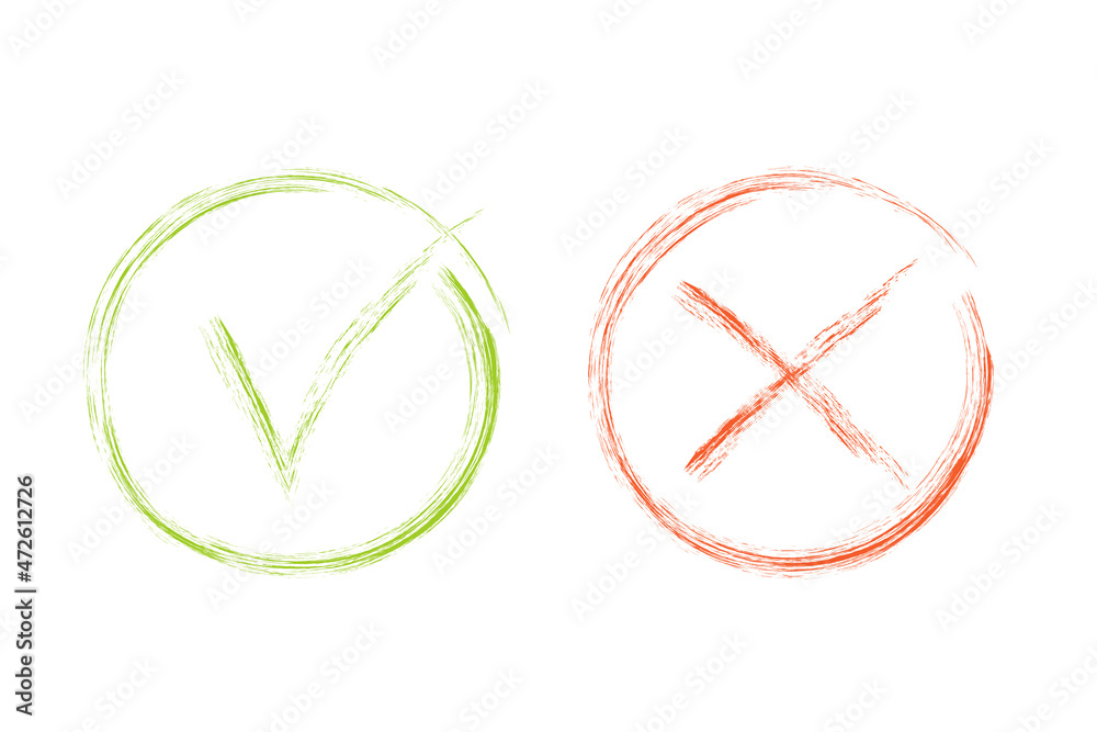 Simple checkmark and cross icons for voting with chalk texture on white ...