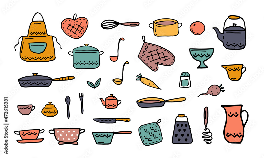Set of kitchen utensils hand drawing sketch with doodle style isolated ...