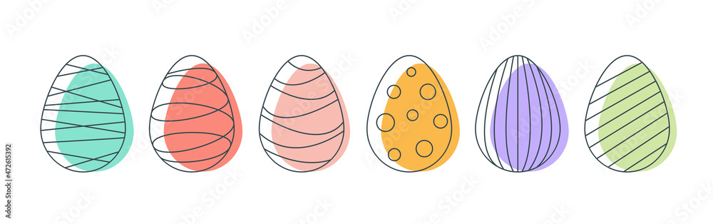 Set of Easter eggs in line art style with color spot isolated on white ...