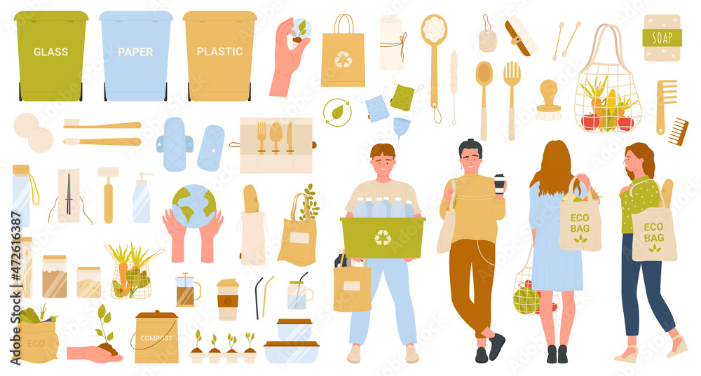 Zero waste lifestyle infographic vector illustration. Cartoon people ...