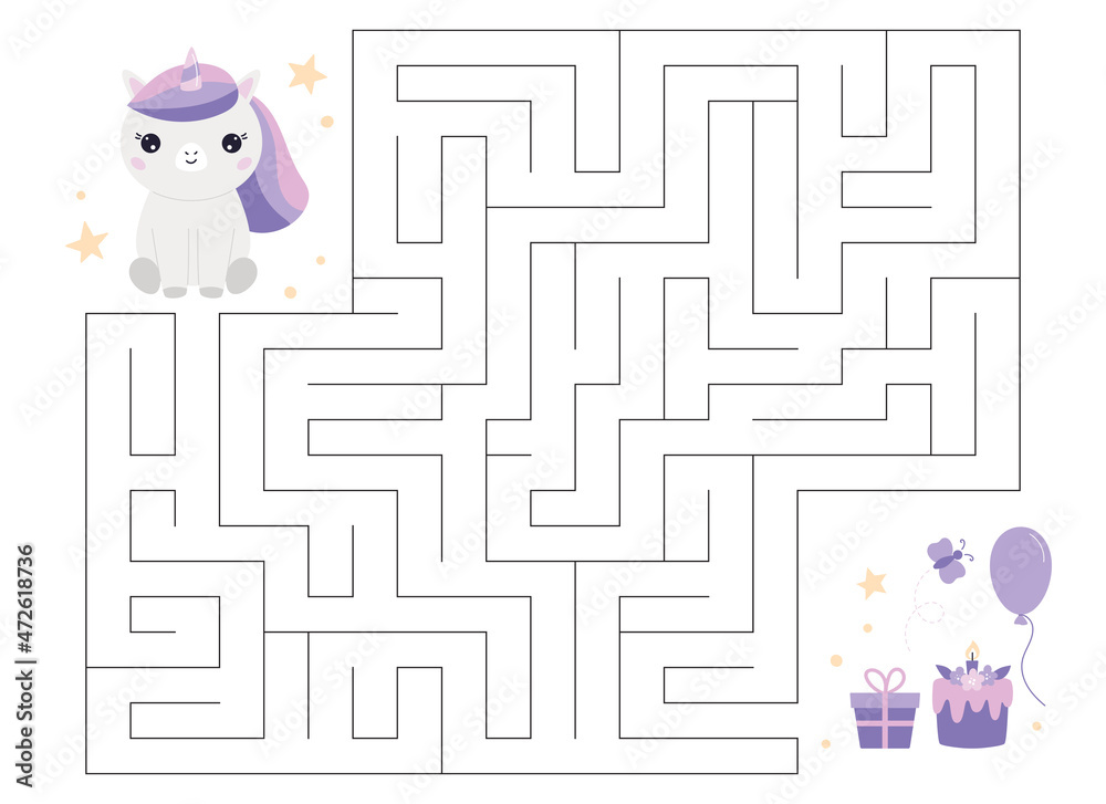 Maze game for children. Help a unicorn find right way to birthday cake ...
