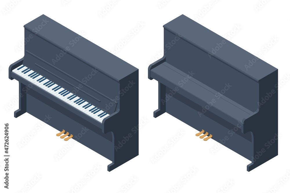 Isometric upright piano isolated on white background. The piano is an ...