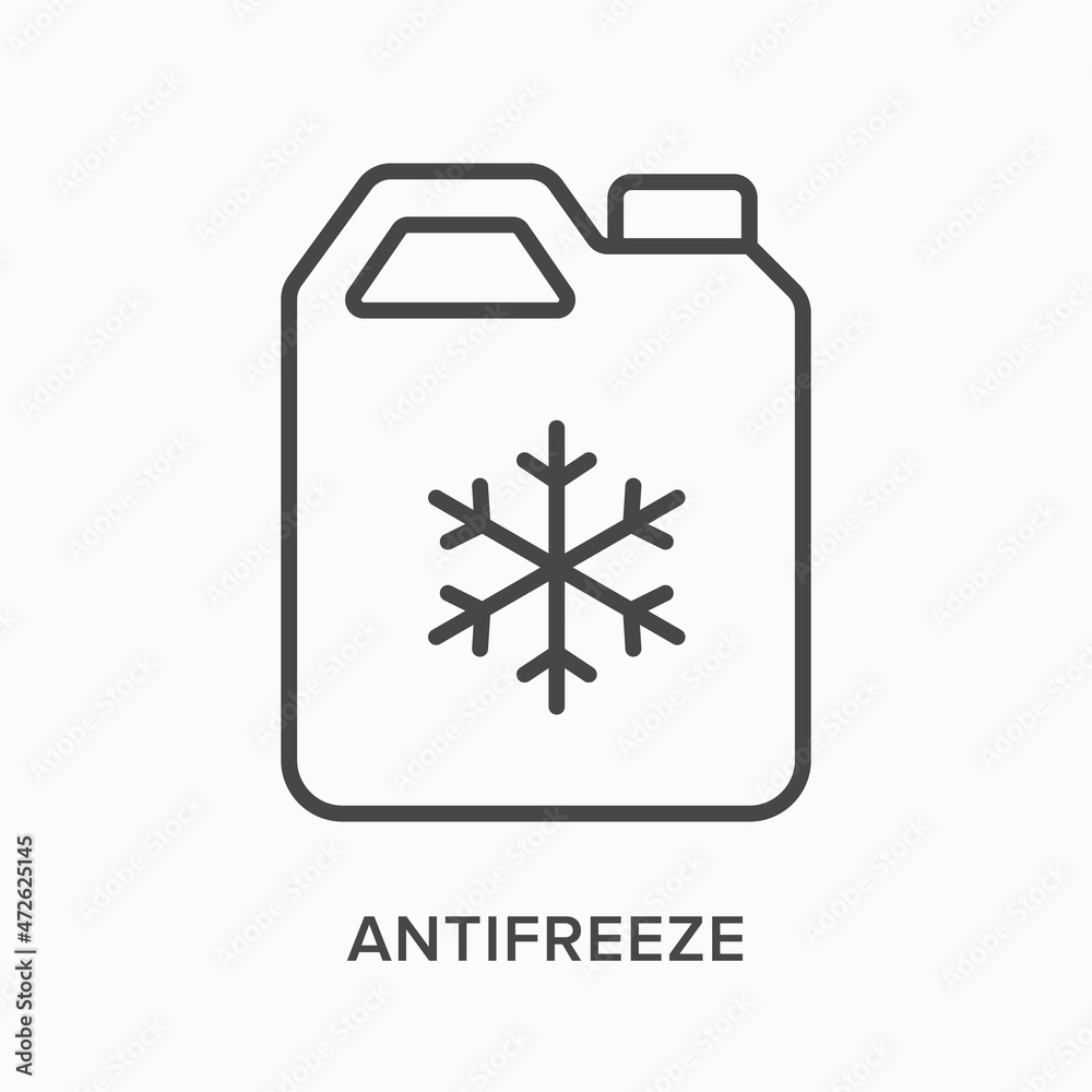 Antifreeze flat line icon. Vector outline illustration of jerrycan with snowflake. Black thin ...