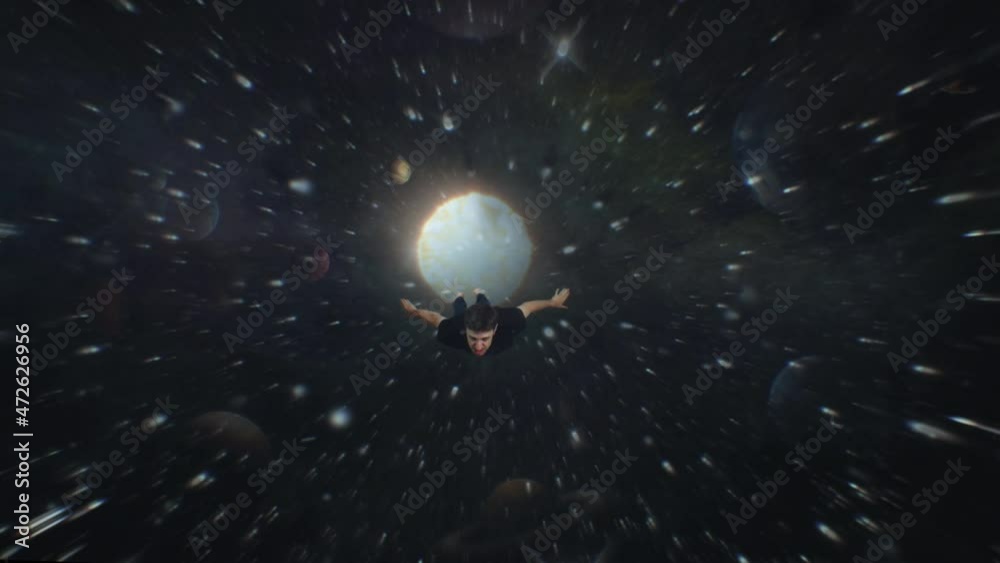 Space Travel Man Flying Through Stars In Sky Super Hero Concept. Man ...