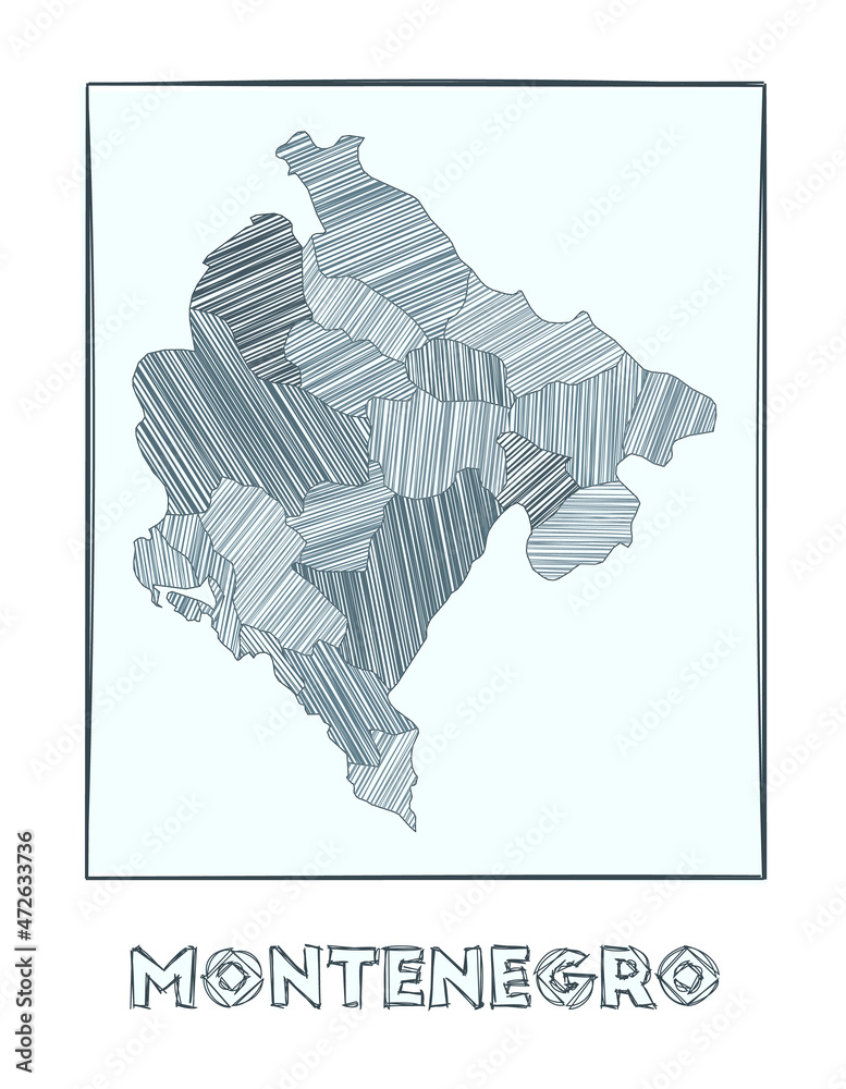 Sketch map of Montenegro. Grayscale hand drawn map of the country ...
