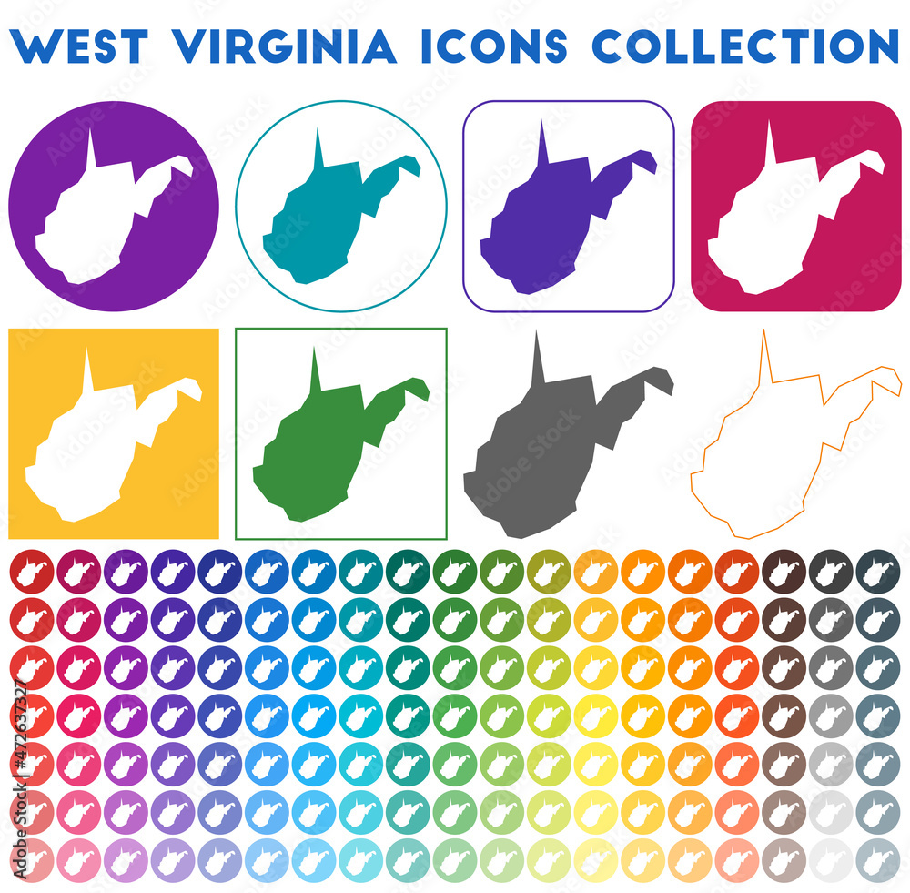 West Virginia icons collection. Bright colourful trendy map icons ...