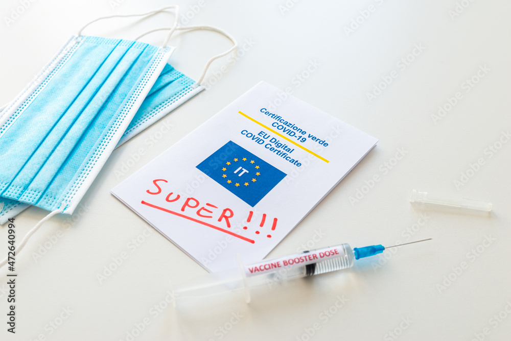 Covid Green Pass with text "super", blue mask, hand sanitizer, and ...