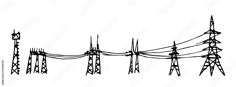 Hand drawn simple vector black outline drawing. Metal poles with ...