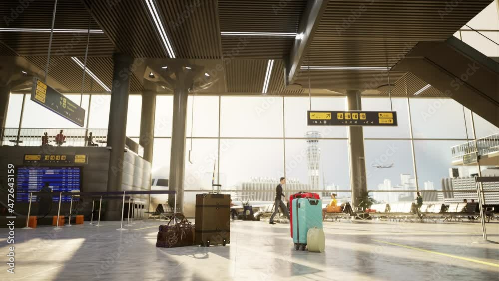 Airport terminal waiting hall with people in sunlight and airplane ...