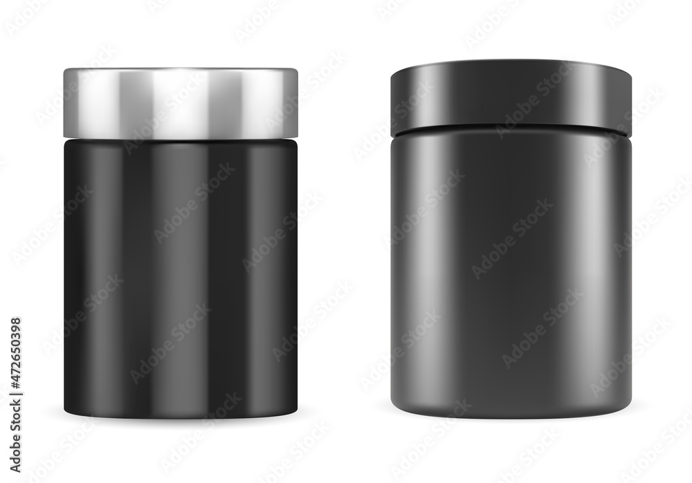 Black sport supplement jar. Cylinder container mockup for vitamin ...