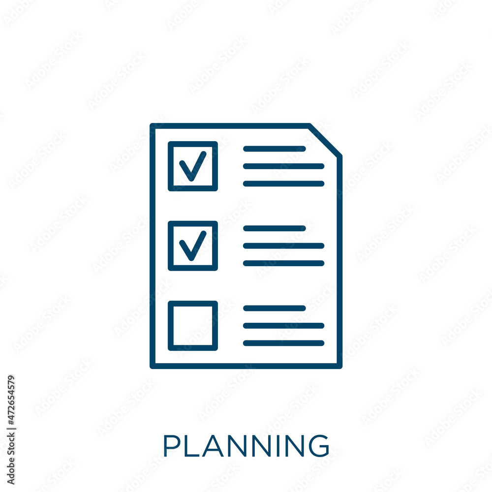 planning icon. Thin linear planning outline icon isolated on white ...