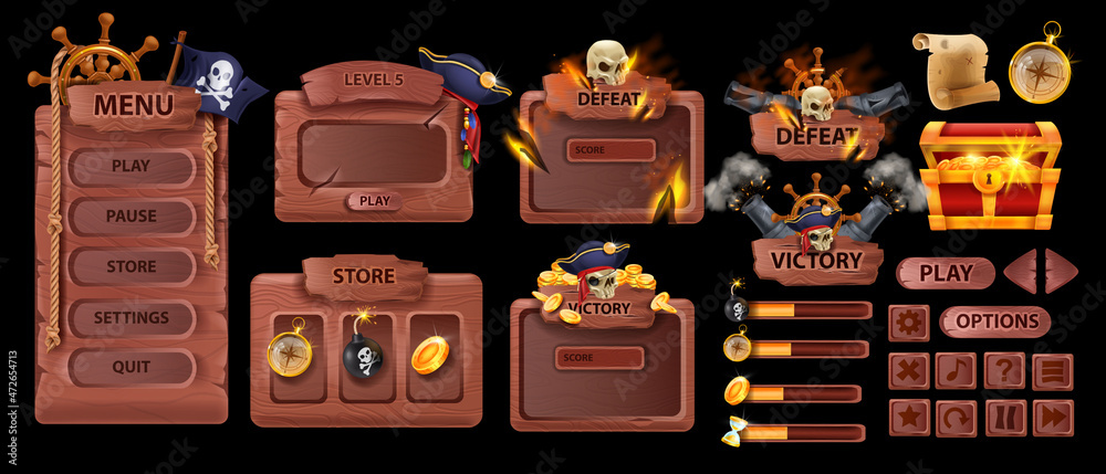 Pirate UI game set, corsair wooden interface menu background, vector ...