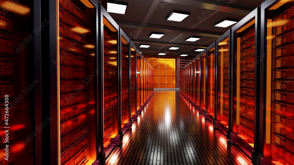 3D realistic render of a server room inside a closed building with ...