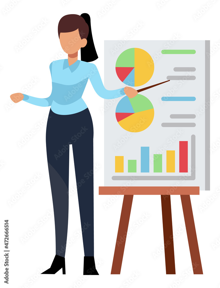 Woman showing presentation with color chart statistics. Business ...