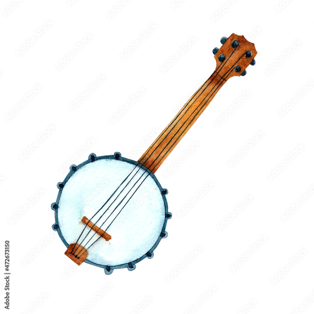 Banjo. Watercolor painting isolated on white background. Stock ...