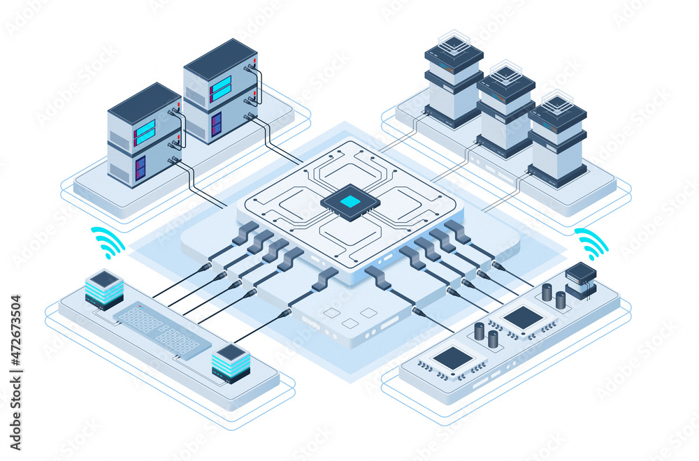 Data center or server room processing data operation with security ...