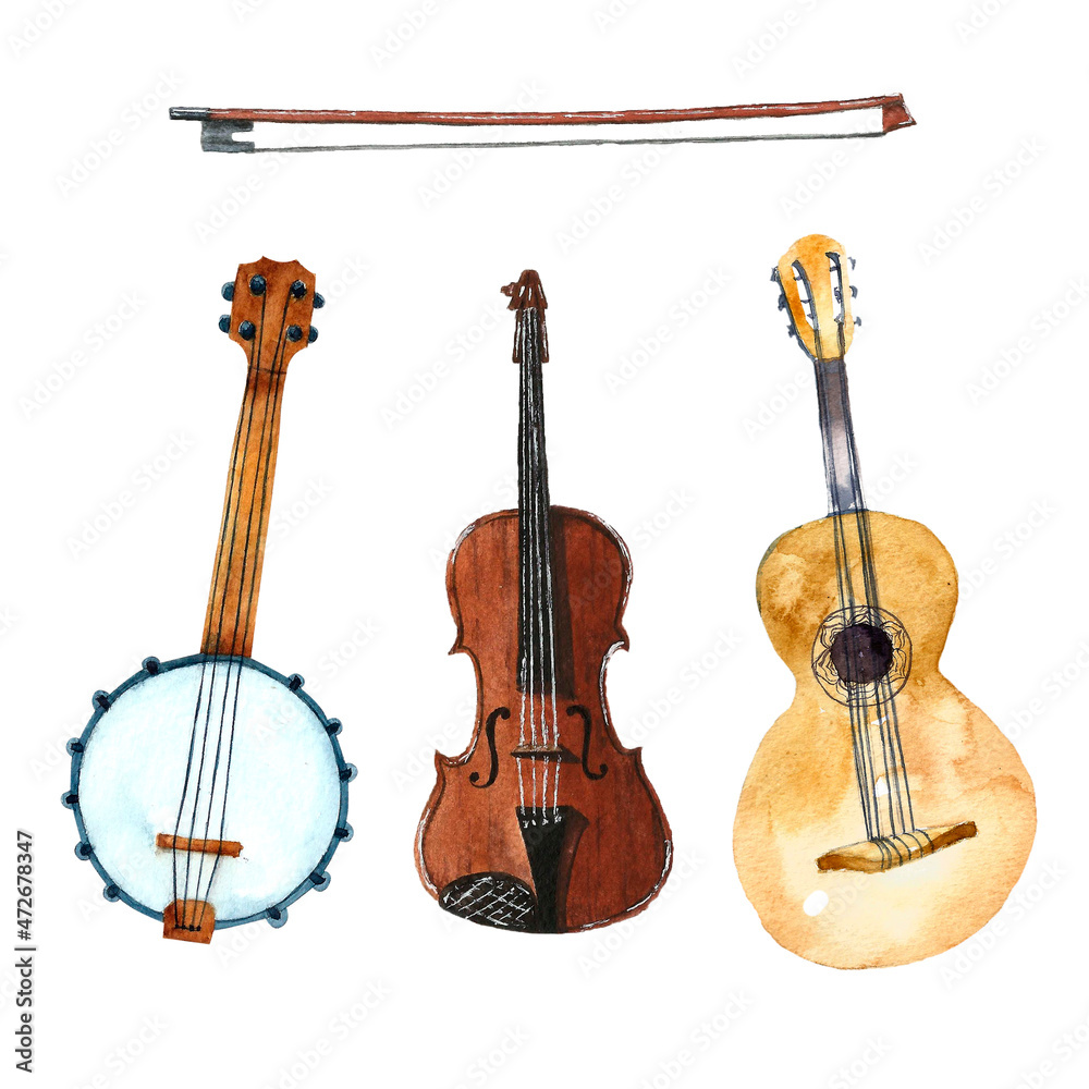 Musical set. Watercolor painting isolated on white background. Stock ...