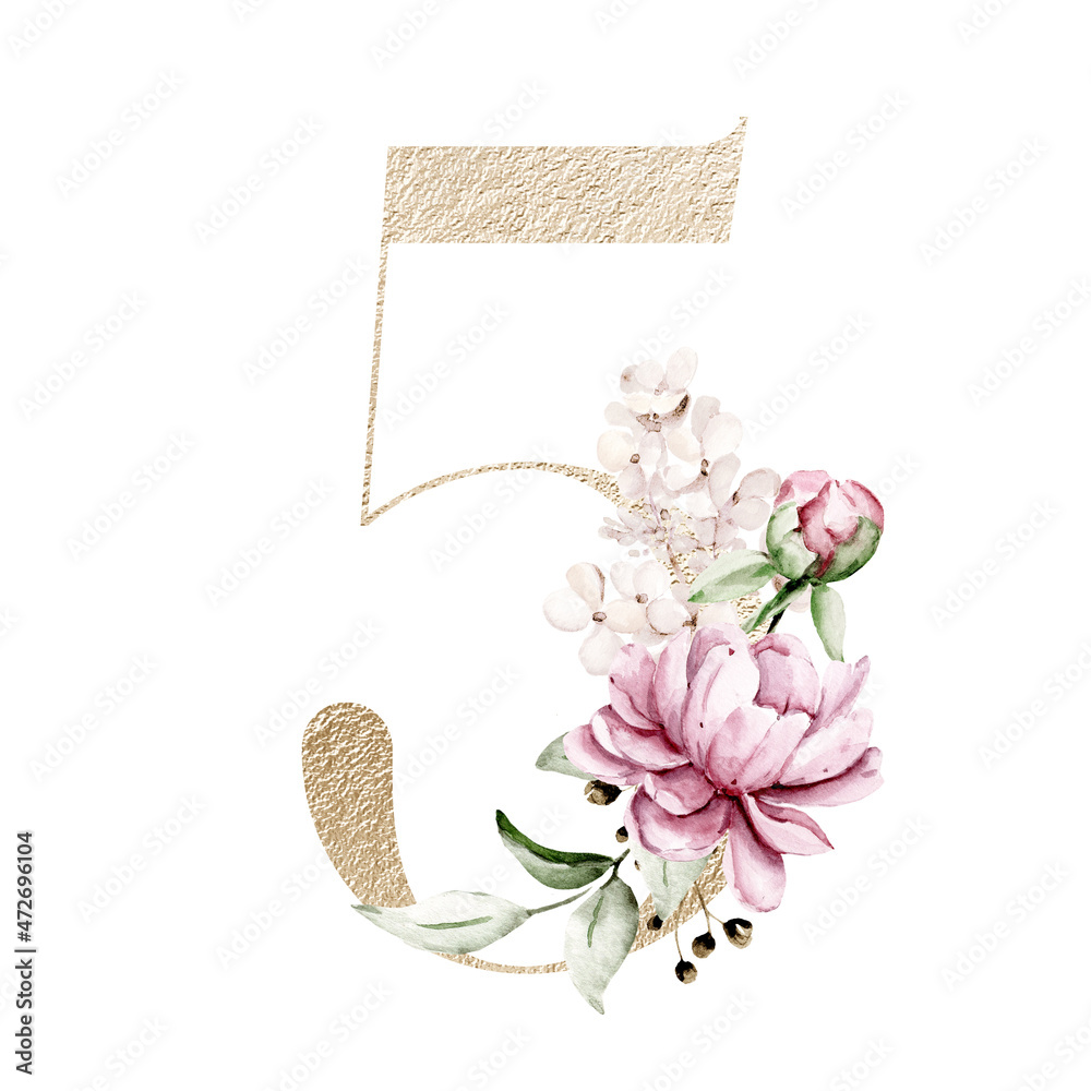 Gold number 5 with watercolor flowers peonies and leaf. Perfectly for ...