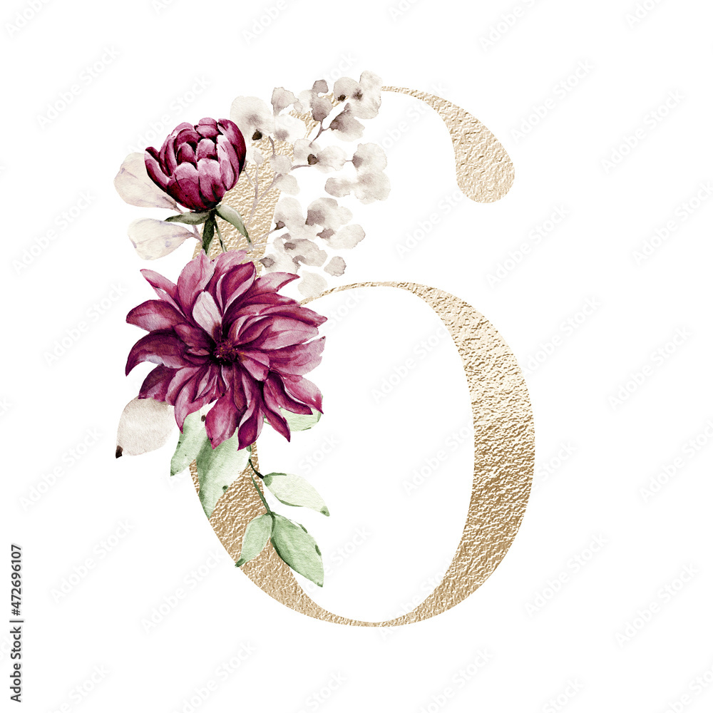 Gold number 6 with watercolor flowers peonies and leaf. Perfectly for ...