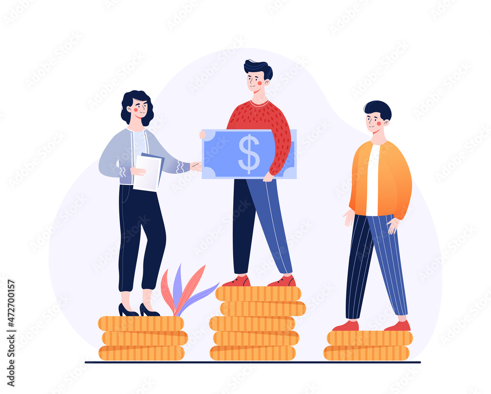 Concept of income inequality. Characters standing on mountains of coins ...