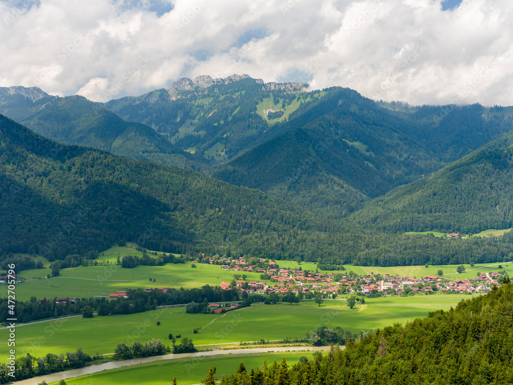 Village Schleching in the valley of river Tiroler Achen in the Chiemgau ...